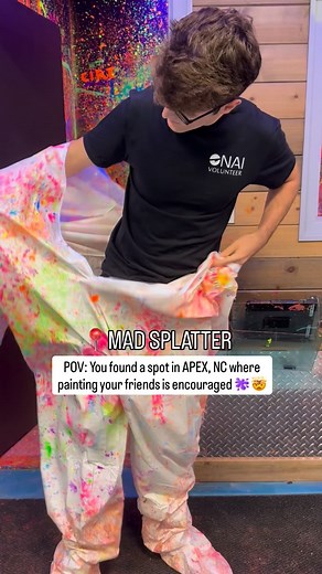 Mad Splatter in Apex is easily one of the most unexpectedly fun spots in the Triangle 🫟😎 Between the splatter rooms, black lights, and paint flying everywhere, it’s the perfect place to make a mess, get creative, and walk out with a one-of-a-kind canvas. WHAT TO EXPECT: 🎨 A fully stocked pottery studio where you can paint your own ceramics 💥 High-energy splatter rooms with music, black lights, and paint everywhere 🔫 Water guns, brushes, and paint-filled tools you can use to create or cover 