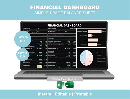 Financial Dashboard Excel Template | Simple 1 Page Balance Sheet | Accounting KPI Tracker - Etsy