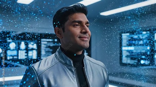 indian scientist in futuristic lab analyzing holographic neuro diagnostics with glowing waveform displays and XR overlays, interpreting brain signals, clinical console lights, calm confident