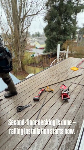 Intercrus Decks | Residential & Commercial on Instagram: "Finishing the second-floor decking Next step → installing the TimberTech IRX aluminum railings. This two-story deck is coming together quickly — engineered framing, hidden fasteners, composite decking, and a modern railing system. If you’re planning a deck rebuild or need a full replacement — we can help. 📞 206-627-4210 Intercrus Decks LLC — licensed & insured. #DeckBuilderSeattle #TwoStoryDeck #CompositeDecking TimberTechIRX MoistureShi