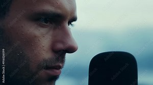 Extreme closeup of a broadcast engineer carefully calibrating microphone levels for a remote onlocation shoot.