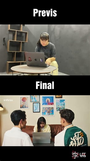 Showcases both the previs and final footage, illustrating the full video production process