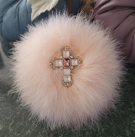 Dusting Body Powder Puff ~ Cream Faux Fur Peach Blush Down Feather Trim ~ Rhinestone Embellished Cross Handle - Etsy