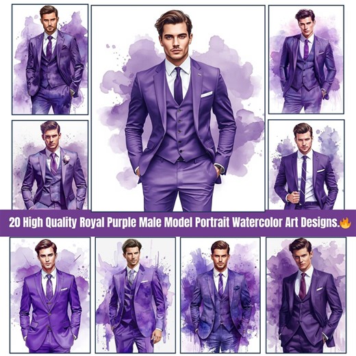 Royal Purple Male Model Portrait Watercolor Art Designs, Fashion Style, Instant Download - Etsy