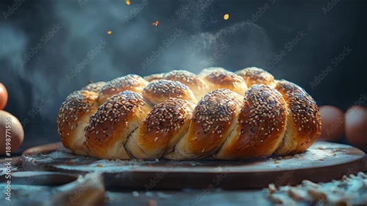 Video showcasing homemade challah, a traditional Jewish bread made with eggs, white flour, water, sugar, salt, and yeast, topped with sesame and poppy seeds, presented against a dark background.