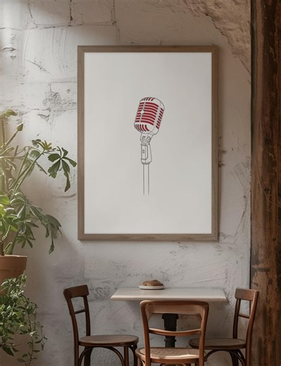 Vintage Microphone Line Art With Red Accent, Minimal Music Illustration Modern Printable Wall Art - Etsy