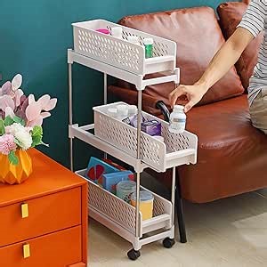 【US Shipped】 Rolling Storage Cart with Wheels, 3-Tier Rolling Utility Cart with Caster Wheels, Multiple Layers Kitchen Organizer Rack Slide-Out Mobile Utility Carts
