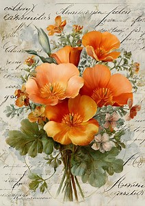 Orange Poppy Bouquet Rice Paper: Vintage French Script Decoupage Paper - Etsy