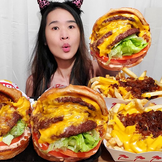 20K views · 777 reactions | Let's eat IN-N-OUT Burger! Eating 2 of their super cheesy 4X4 Burger and Cheese Fries topped with grill onions! What secret menu item do you like to order at IN-N-OUT?  #mukbang #asmr #innout #cheese #cheeseburger #foodie #foodlovers #cheeselover #fastfood #eating #eatingshow #eatingsounds | Peggie Neo | Facebook