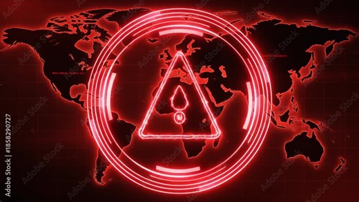 Red Global Warning Sign On World Map With Digital Grid Overlay alert danger