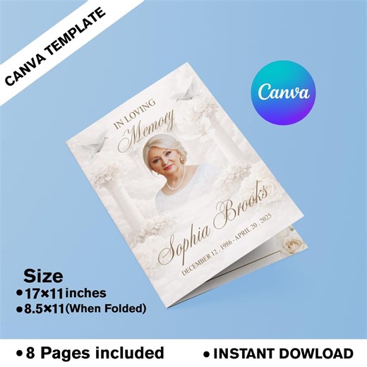 White Minimalist Funeral Program Template, Canva Editable Memorial Program, Memorial Service Design, Obituary Celebration of Life Program - Etsy