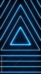 Abstract blue triangle neon glowing line frame, animated led light flickering screen projection 3d rendering, geometry shape presentation background, futuristic cyber laser sprectrum vertical design