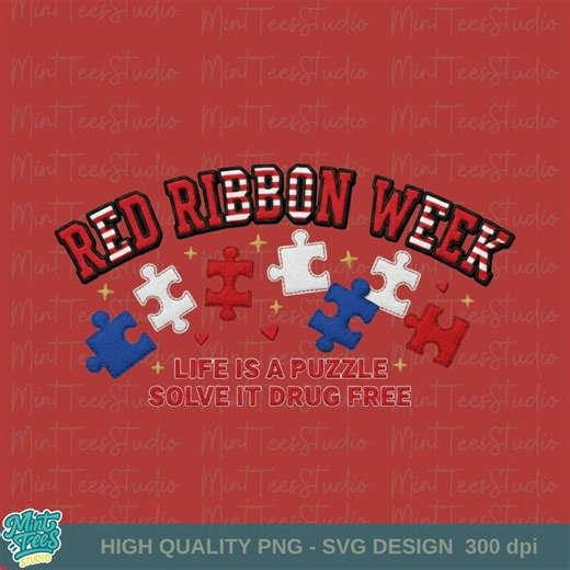 Red Ribbon Week Puzzle PNG | Life is a Puzzle Solve It Drug Free Design | Embroidery Look Teacher Shirt | Red White Blue Awareness PNG - Etsy