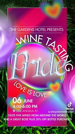 The Gardens Hotel Presents: Pride Wine Tasting! Taste five wines from around the world and a great rose plus 20% off bottle purchases! 4:00-6:00pm 526 Angela St, Key West #pride #pridemonthkeywest #romanticizeyourlife #keywest #floridakeys #islandmagic #secretgarden #oasis #hiddengem #bedandbreakfast #boutiquehotel #katemiano | Gardens Hotel | Facebook