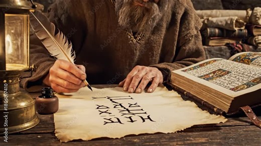 Medieval Scribe Writing with Quill - A medieval scribe with a beard is carefully writing on parchment using a quill pen.