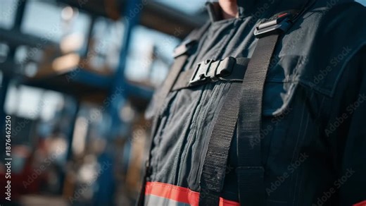284Macro perspective of firefighting PPE, hoses, straps, and SCBA cylinder close-up, flame-resistant fabric folds visible, industrial plant machinery softly out of focus