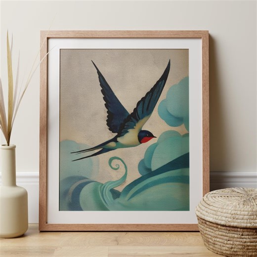 Art Deco Swallow Art, Sea and Swift Print, Blue Bird Poster, Vintage Bathroom Decor - Etsy UK