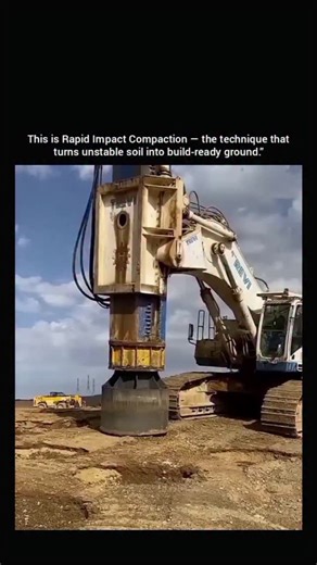 Blacknvhite on Instagram: "Why is this machine punching the ground? 🔨🤯 It’s not angry—this is a brilliant piece of Civil Engineering called Rapid Impact Compaction (RIC). 🏗️ When the ground is too soft or loose, building on top of it is dangerous because the structure could sink or crack. The machine drops a massive weight (approx. 7 to 9 Tonnes) onto the ground with high-energy blows. As seen in the animation 📉, the shockwaves force the soil particles closer together, eliminating air gaps a