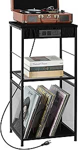 Vinyl Record Storage, Record Player Stand 3 Tier Vinyl Records Holder for 170 Albums, Black Nightstand with Charging Station Turntable Stand Record Player Table Cabinet for Living Room Bedroom