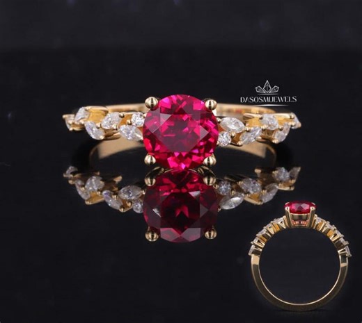 Round Ruby Engagement Ring, 14k Gold Vine Wedding Ring, Marquise Diamond Leaf Band, Nature Inspired Ruby Ring, Unique Bridal Ring for Her. - Etsy