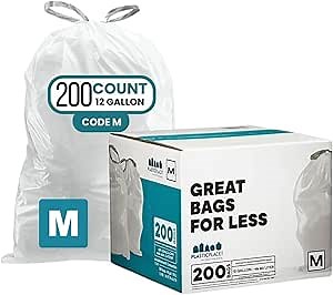 Plasticplace Custom Fit Trash Bags Compatible with Simplehuman Code M 12 Gallon Drawstring Garbage Bags 200 Count Tear-Resistant Trash Can Liners for Kitchen and Office 1.2 Mil White 21" x 30.5"