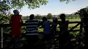 3 generations of family members resting on a farm gate taking in the springtime view Stock Video
