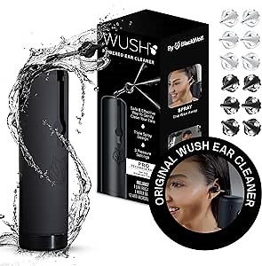 Wush Pro Water Powered Ear Cleaner with 12 Reusable Replacement Tips by Black Wolf - Safe & Effective - Electric Triple Jet Stream with 3 Pressure Settings for Ear Wax Buildup - Ear Wax Removal Kit