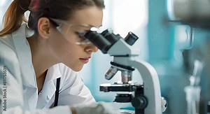 Skilled microbiologist analyzes samples with modern microscope in innovative healthcare lab. Concept Microbiology, Samples Analysis, Modern Microscope, Healthcare Lab, Skilled Researcher