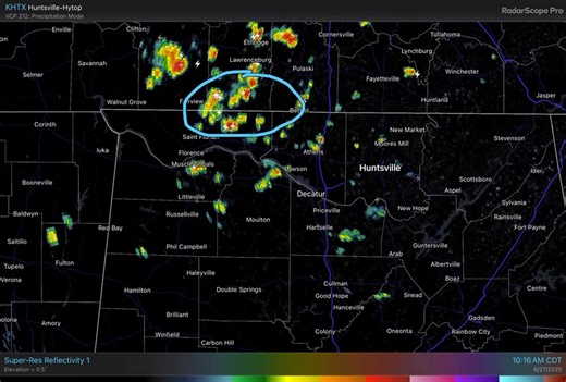 1037 AM - Thunderstorms have formed in a humid airmass, moving northwest at less than 5 mph. The stronger storms could produce wind gusts to 50 mph and frequent lightning. Very heavy rainfall rates exceeding 2” an hour are possible. Flash flooding could occur. #HUNwx | US National Weather Service Huntsville Alabama