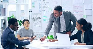 Executive business collaboration with boss, meeting and strategy planning for corporate management, professional teamwork and staff diversity in modern office. Ceo leader and group company employees