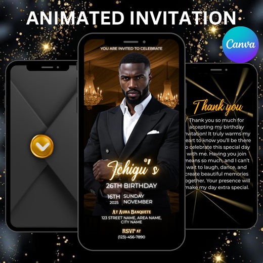 Animated Birthday Invitation for Men, Digital Birthday Party Invite, Birthday Text Message Invite, Phone Party Evite, Canva Editable - Etsy