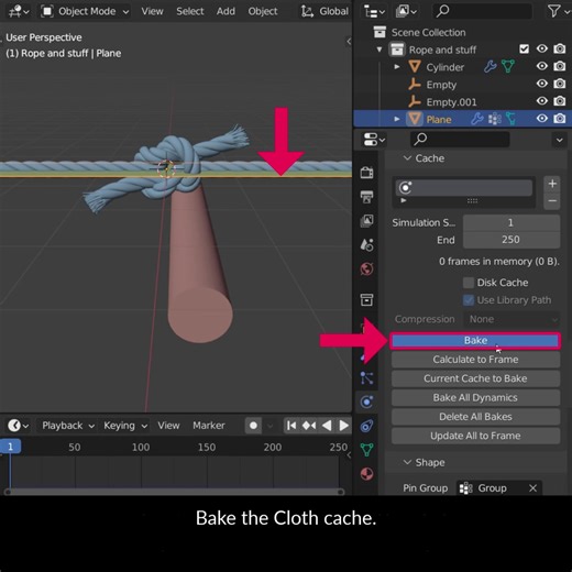 #b3d tip: If you want to animate a cable that consists of a complex mesh object - like a rope with a knot in it - and have it interact with collision objects, the Surface Deform modifier is your friend. More tips & free sample e-book: https://www.blendersecrets.org/ | Blender Secrets