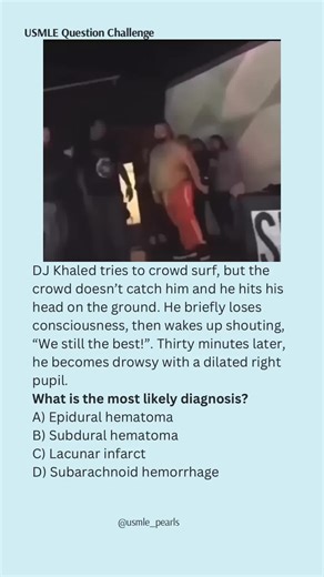 DJ Khaled really said “another one”… this time it’s a lucid interval 💀 #WeStillTheBest but not after that blow to the head 🧠💥 ⸻ 📚 Explanation: \t•\tClassic presentation of an epidural hematoma. \t•\tUsually due to middle meningeal artery rupture from a temporal bone fracture. \t•\tCharacterized by: \t•\tBrief loss of consciousness → lucid interval → rapid neurologic deterioration. \t•\tIpsilateral dilated pupil (CN III compression) and contralateral hemiparesis. \t•\tCT head shows a biconvex