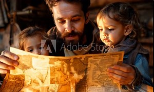 A father and his children explore an old treasure map in a cozy workshop