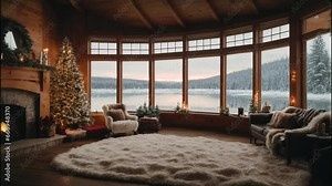 Video backgrounds, wallpaper, screen saver. Loop animation of spacious living room with Christmas tree, furry rug and fireplace. Streamer vtuber overlay loop. Twitch zoom OBS screen.