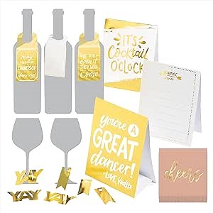Cocktail Decorations Kit - Gold Mimosa & Brunch Party Supplies with Labels, Tent Cards, Bottle Tags, and Beverage Napkins (Serves 16)