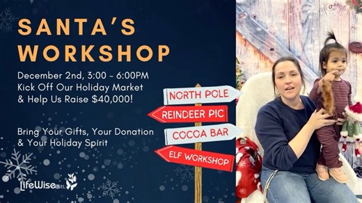 LifeWise StL on Instagram: "Have you heard the news?!?? In just 2 weeks....𝐒𝐚𝐧𝐭𝐚’𝐬 𝐖𝐨𝐫𝐤𝐬𝐡𝐨𝐩 🎅✨ 🎁 will be at LifeWise StL. Join our early education center student Mahima (and her mom/staff member Maggie) on #GivingTuesday, 𝐃𝐞𝐜𝐞𝐦𝐛𝐞𝐫 𝟐𝐧𝐝 𝐟𝐫𝐨𝐦 𝟑-𝟔𝐩𝐦. We'll have special treats while we work to raise $40,000 for LifeWise StL programs! Some of the things to expect include: ✨ Hot cocoa bar, fresh pressed paninis & sweet treats ✨ Family ornament making station ✨ Profess