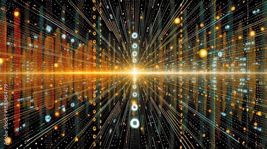 Futuristic abstract digital visualization with dynamic light streaks converging to a bright center, symbolizing data networks and technology. the golden and blue colors evoke innovation and digital co