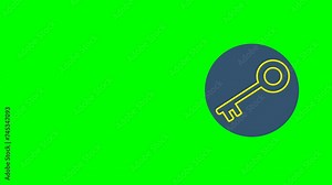 Cartoon-style yellow key. A simple style key with a yellow outline. An object appears and rotates in a gray circle. Key is isolated on a green background. 2d flat animation. Alpha channel. Chroma key
