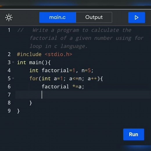 How to write a program to calculate the factorial of a given number using a for loop in c language.