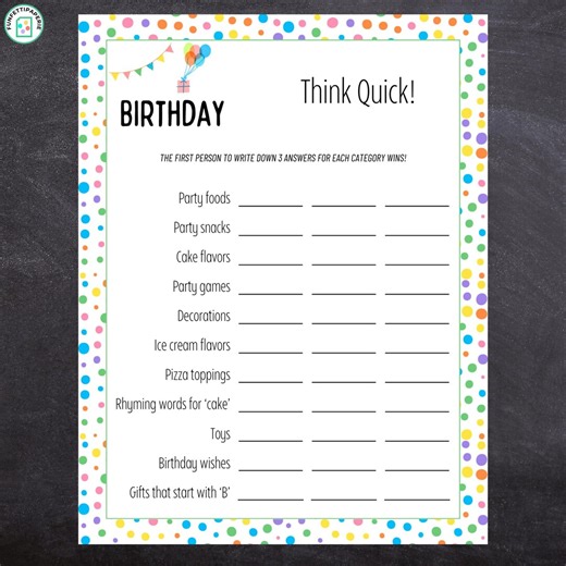 Birthday Think Quick | Printable Birthday Game | Birthday Party Activity for Kids, Adults, Family | Slumber Party Game | Classroom - Etsy