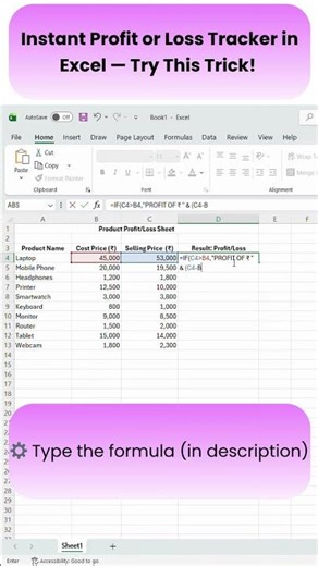 Instant Profit or Loss Tracker in Excel⚡#Shorts