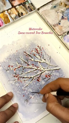 Irshad Ahmad Ansari on Instagram: "❄️ Snow Covered Branches: Crayon Resist Hack! 🖍️ Want to paint realistic snow with zero effort? Watch this tutorial! 👇 The secret to perfectly Snow Covered Tree Branches is using a white crayon (or wax) to draw the snow before painting. Then, simply paint the dark background and the beautiful red berries. The watercolor magically resists the crayon, leaving those crisp, white snow banks! Have you used crayon resist before? What object did you "mask" with it? 
