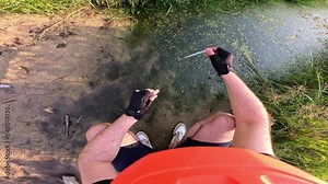 First-person perspective of taking water samples for lab analysis. The idea of maintaining water cleanliness.