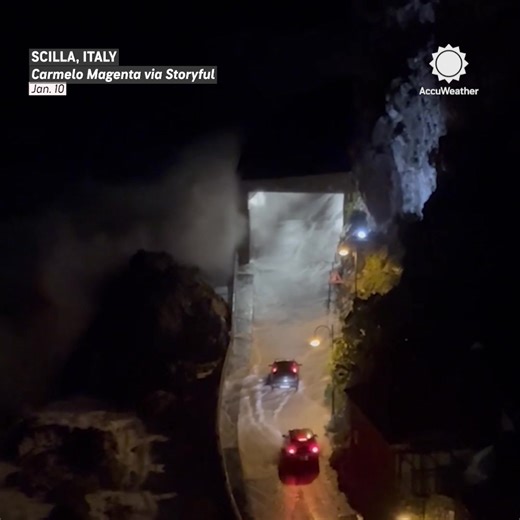 Drivers were stopped in their tracks as gigantic waves crashed onto a coastal road in Scilla, Italy. | AccuWeather