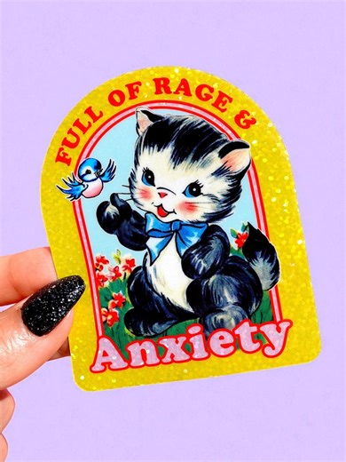 Funny Vintage Cat Glitter Sticker - Rage & Anxiety Humor Waterproof Sticker - Etsy