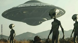 Grey Extraterrestrial Aliens with their UFO Space Craft in an Animated View of a Landing
