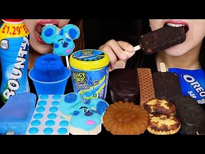 ASMR BLUE RASPBERRY JUICY DROP STIX CANDY, OREO ICE CREAM, MARSHMALLOW POP, BOUNTY CHOCOLATE DRINK먹방