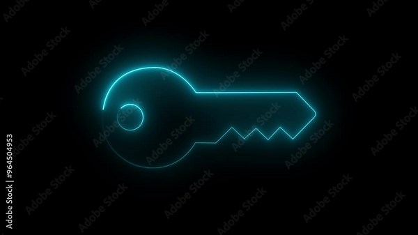 turquoise color key icon glowing neon key animation video close open lock sign Symbol on black background