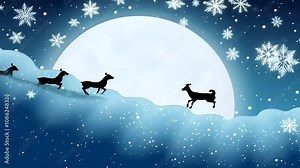 reindeer flying moonlit sky creating merry Christmas message space logos copy holiday themed design silhouette moon sleigh greeting night magical moonlight cloud cloudy white snow run magic post